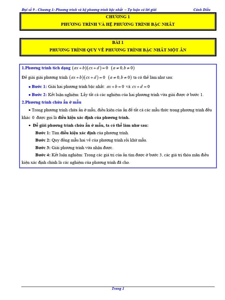 Cac Dang Bai Tap Phuong Trinh Va He Phuong Trinh Bac Nhat Toan 9 Canh Dieu | PDF