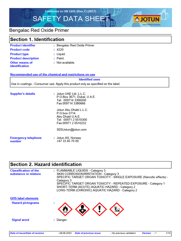 SDS 4220 Bengalac Red Oxide Primer Euk AE | PDF