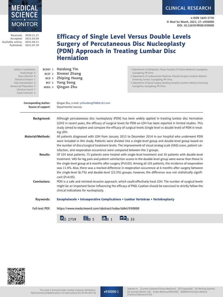 Efficacy of Single Level Versus Double Levels Surgery of Percutaneous ...