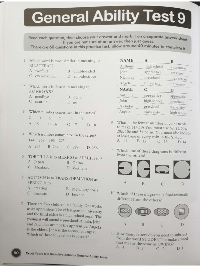 Years 5-6 Selective Schools General Ability Tests - Test9 | PDF