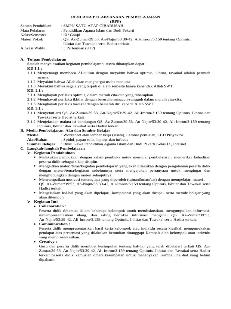 RPP PAI BAB 1 IX | PDF