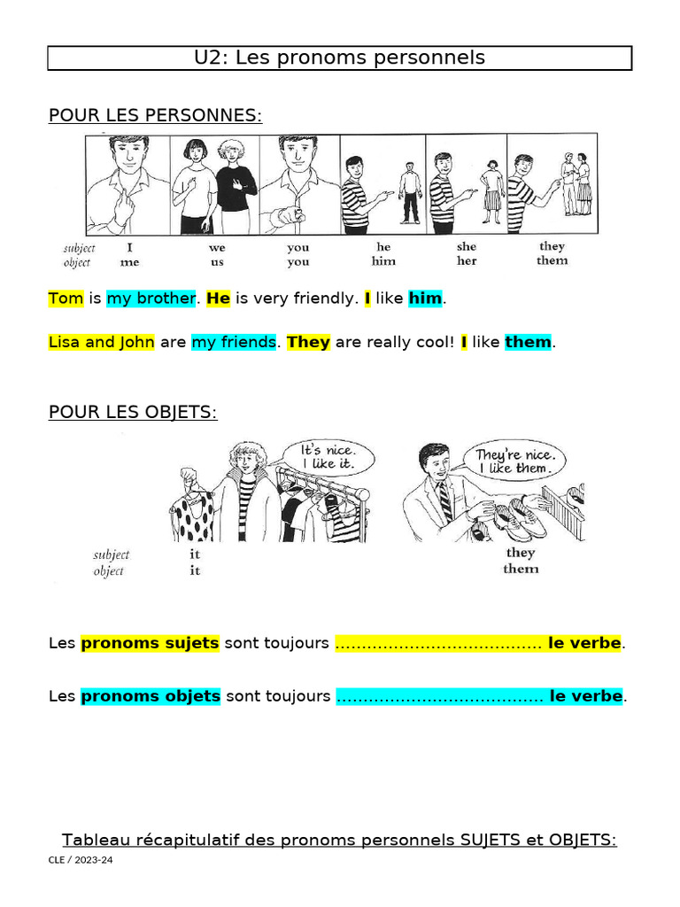 ESL Personal Pronouns (Subj / Obj) | PDF