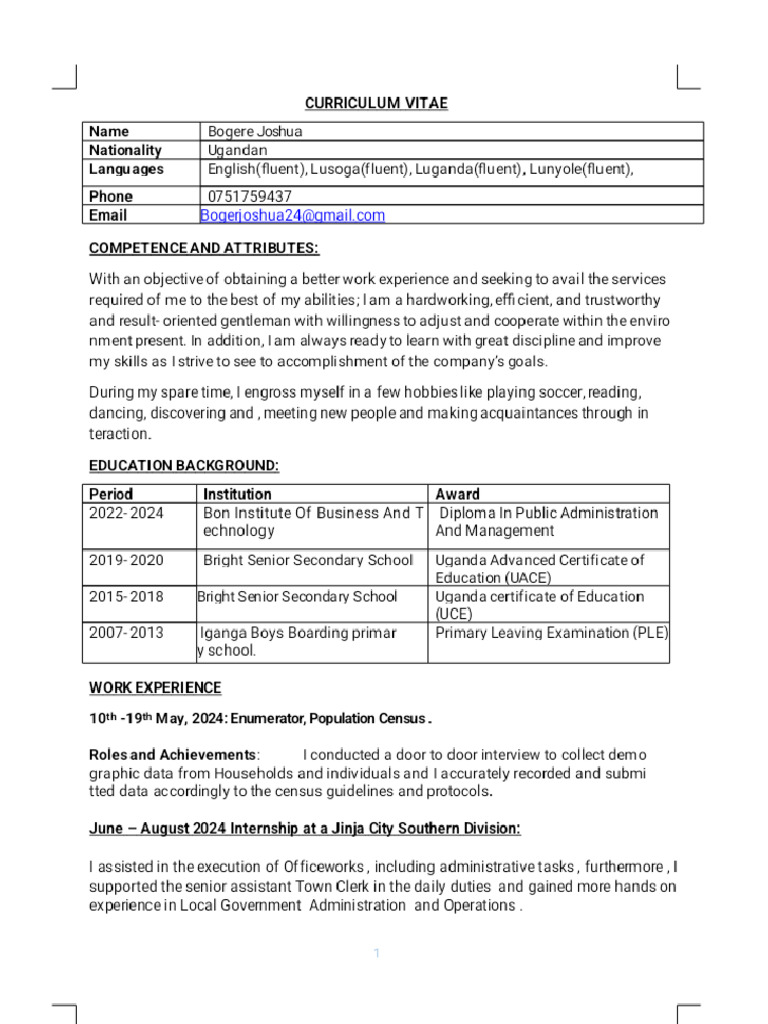 Curriculum Vitae Bogere Joshua 2 - Phoenix | PDF