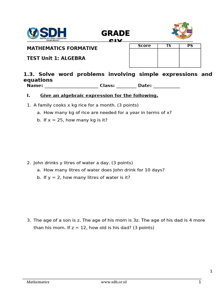 Algebra Word Problem Formative 2 TA 2024-2025 | PDF | Mathematics | Algebra