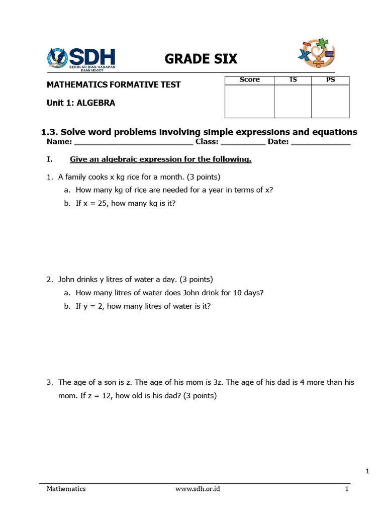 Algebra word problem Formative 2 TA 2024-2025 | PDF