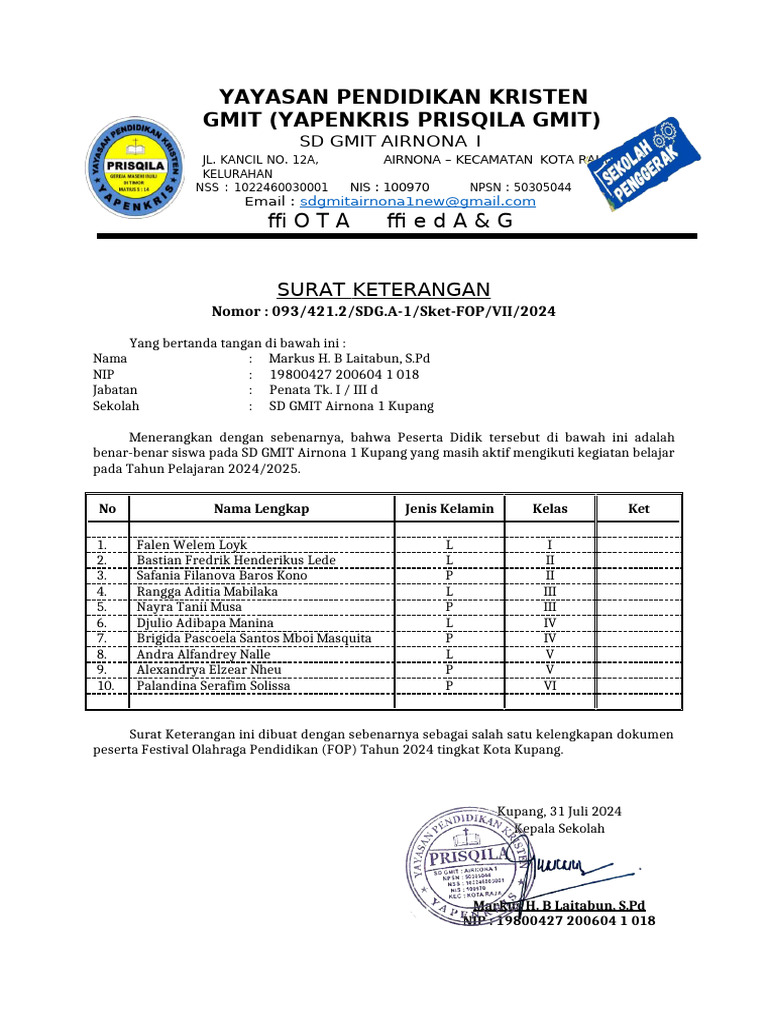 Keterangan Siswa Aktif FOP 2024 | PDF