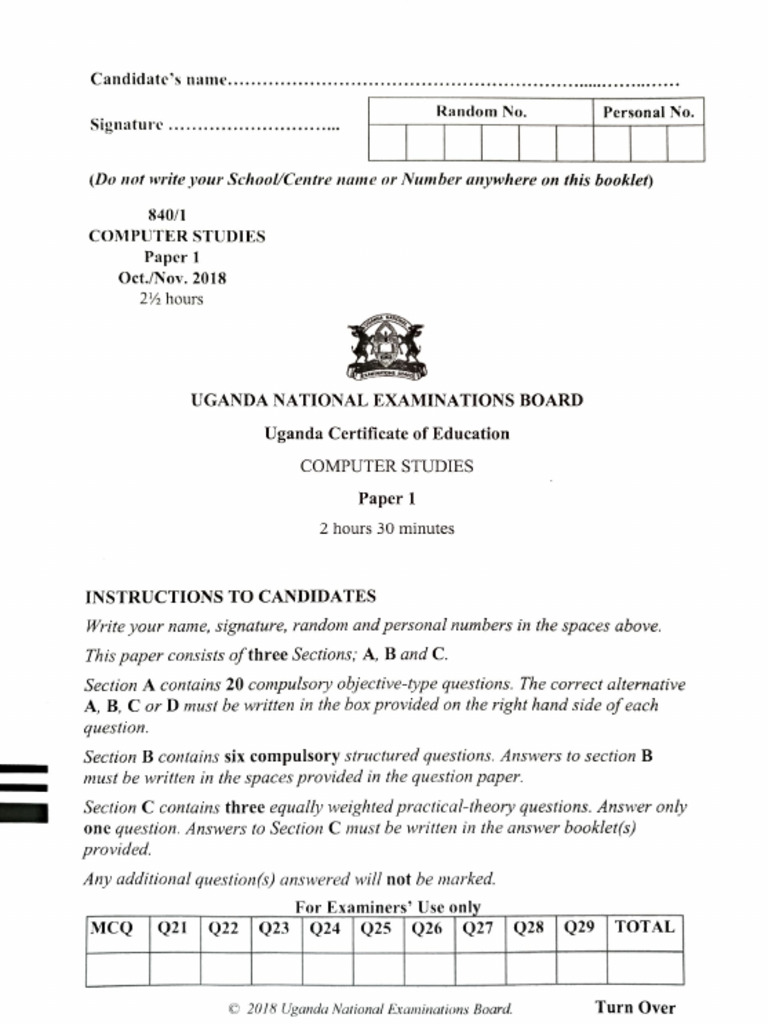Uneb Uce Computer Paper 1 2018 | PDF
