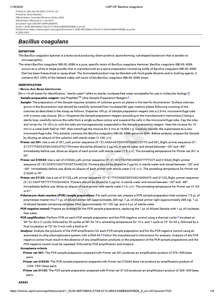 USP-NF Bacillus Coagulans | PDF | Primer (Molecular Biology ...