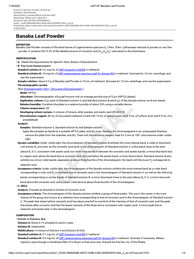 USP-NF Banaba Leaf Powder | PDF