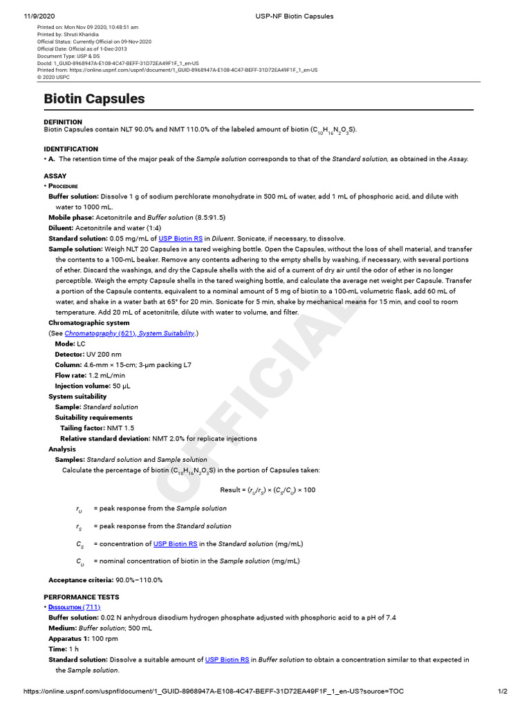 USP-NF Biotin Capsules | PDF | Buffer Solution | Chromatography