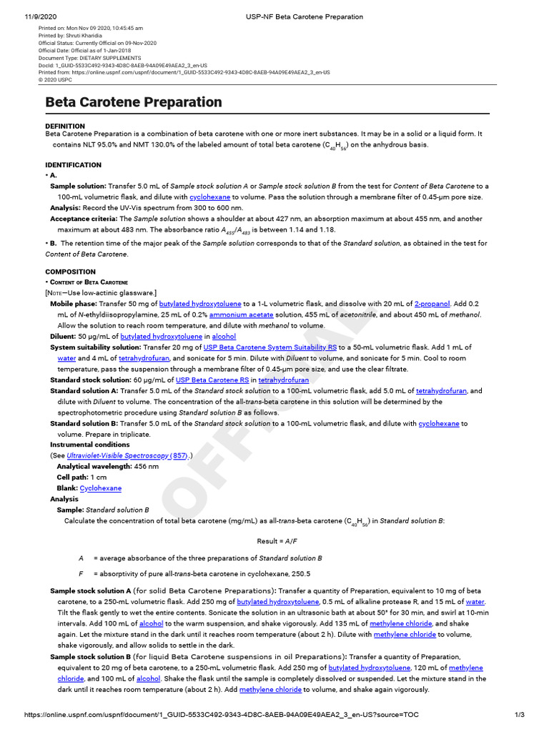 USP-NF Beta Carotene Preparation | PDF | Chromatography | Chemistry