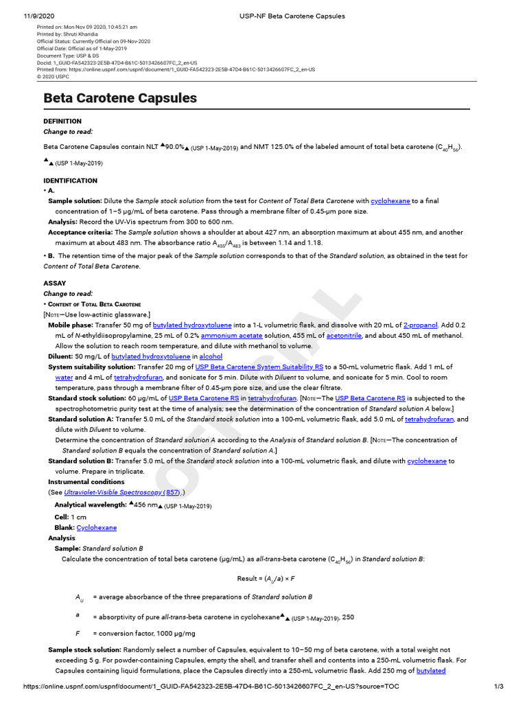 USP-NF Beta Carotene Capsules | PDF
