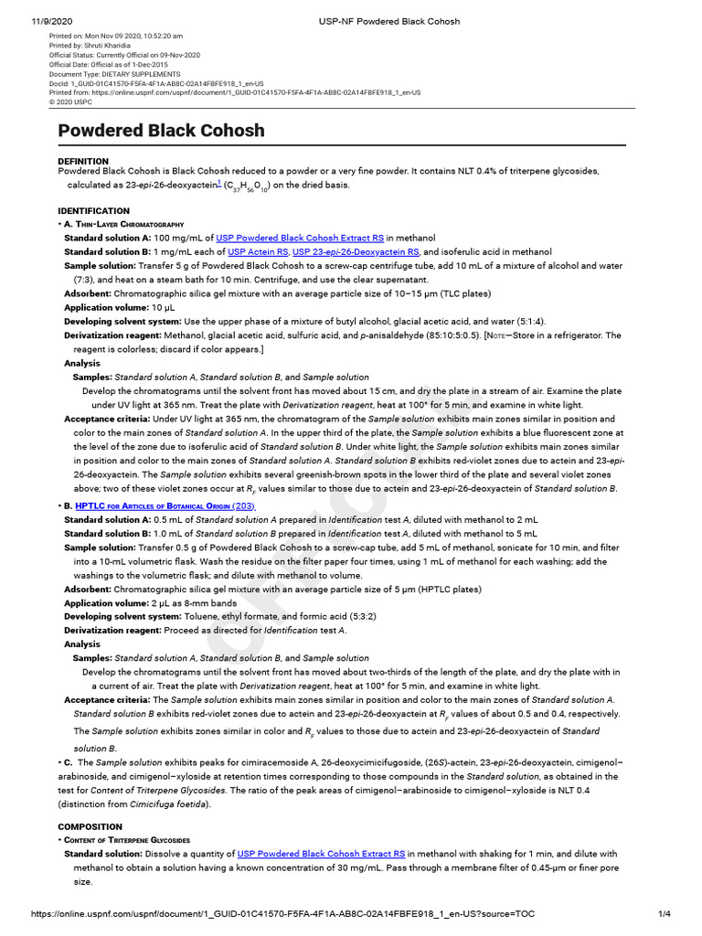 Powdered Black Cohosh USP-NF Guide | PDF | Thin Layer Chromatography | Chromatography