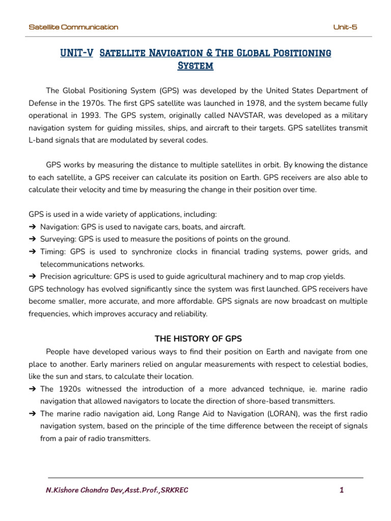 UNIT-V Satellite Navigation & The Global Positioning System | PDF