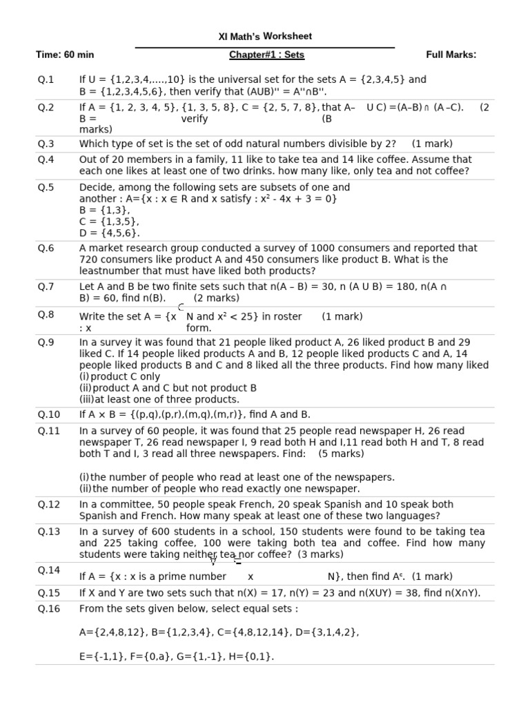 CBSE Class 11 Mathematics Worksheet - Set Theory | PDF | Mathematics ...
