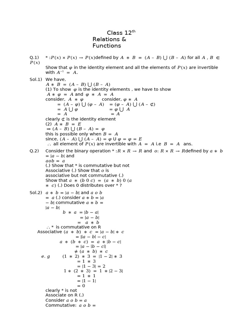CBSE Worksheets For Class 12 Maths Relations and Functions Assignment 04 | PDF