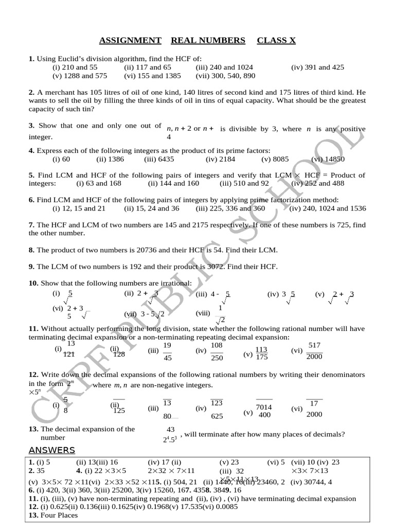 Assignment Real Numbers Class X 3 | PDF