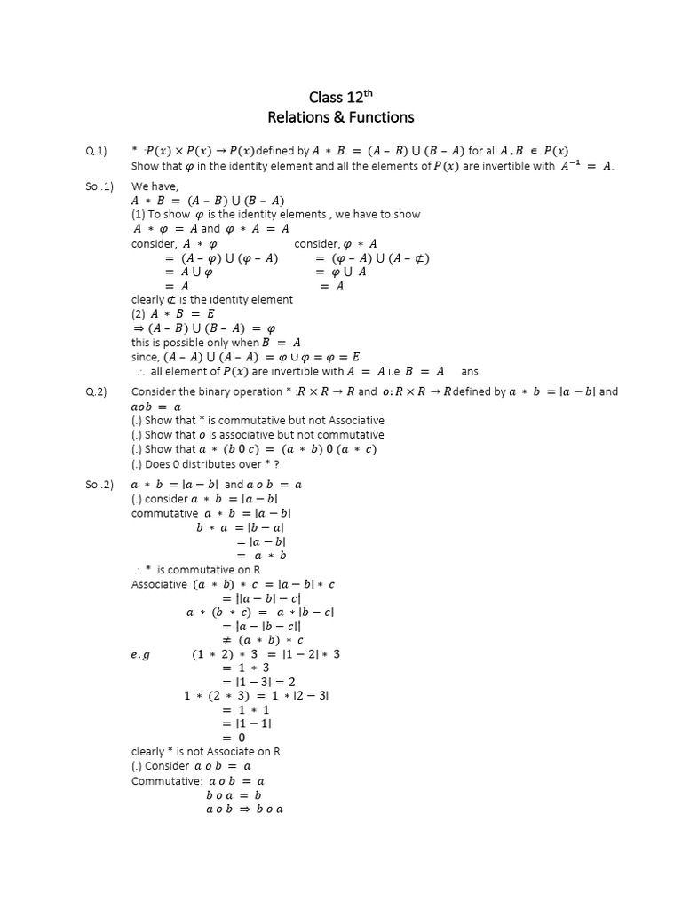CBSE Worksheets For Class 12 Maths Relations and Functions Assignment ...