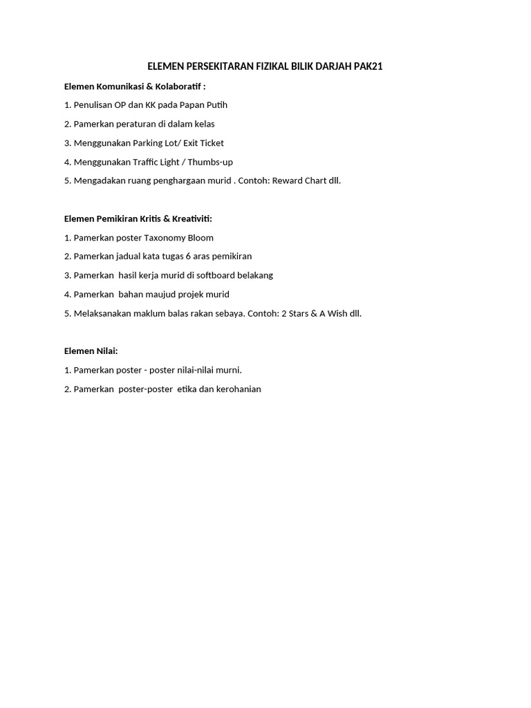 Elemen Persekitaran Fizikal Bilik Darjah Pak21 | PDF
