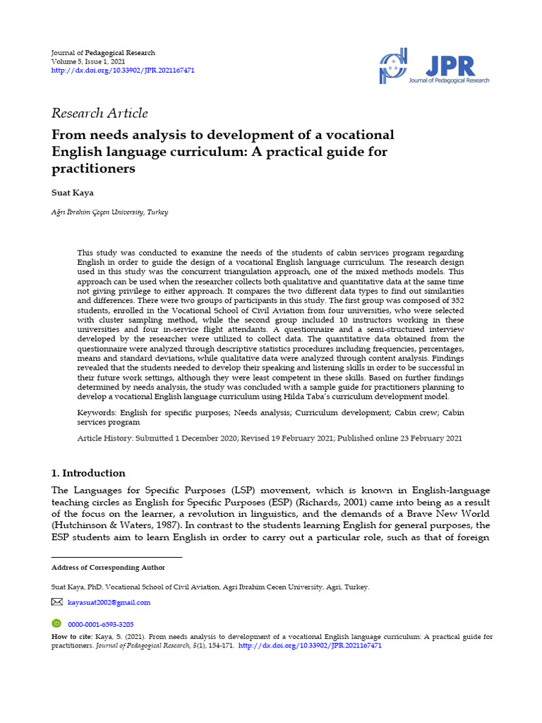 From Needs Analysis To Development of A | PDF