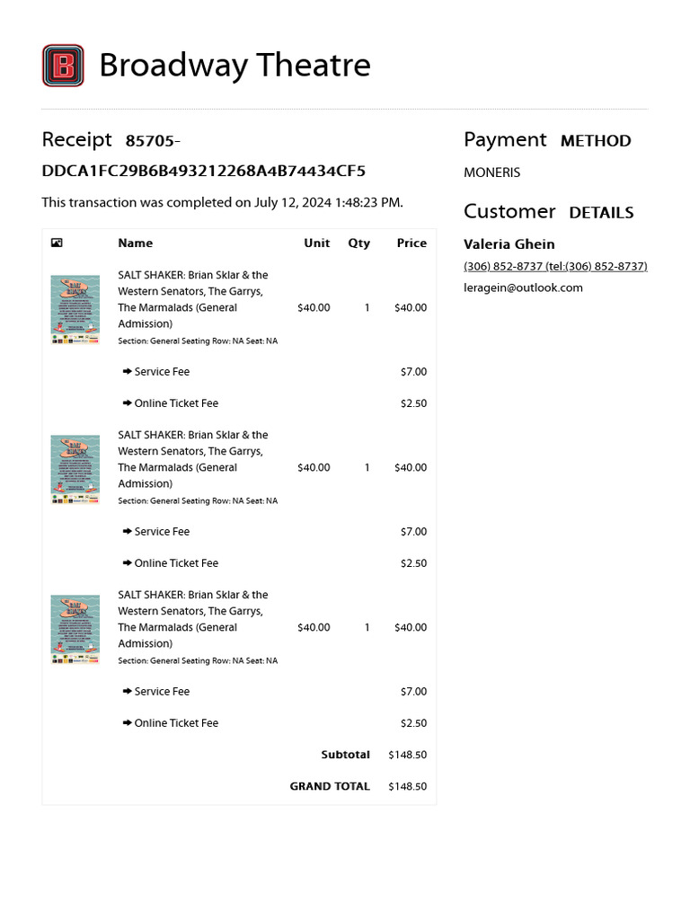 Broadway Ticket Receipt for Salt Shaker | PDF | Financial Technology ...