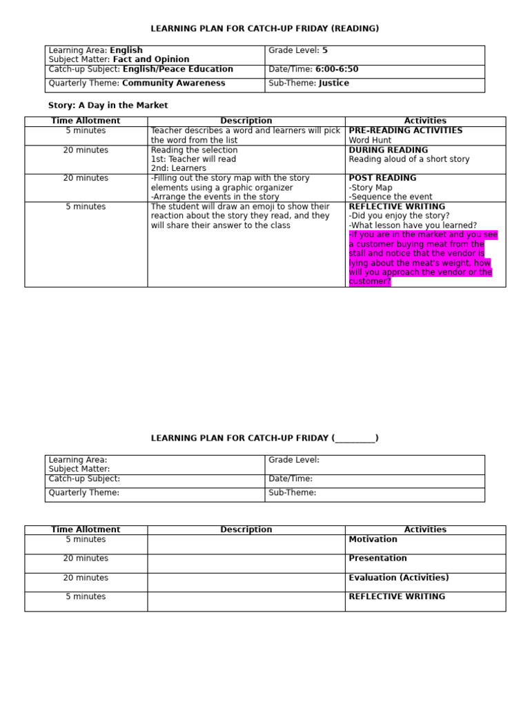 Catch Up Friday Learning Plan 1 | PDF | Pedagogy | Education Theory