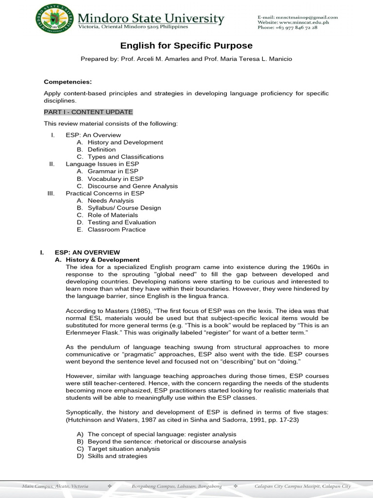 English For Specific Purpose: Competencies | PDF