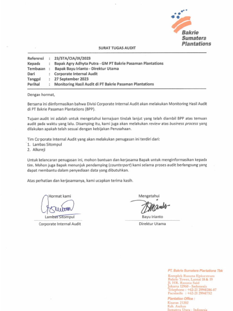 23-STA-CIA-IX-2023-Surat Tugas Audit Atas Monitoring Hasil Audit Di BPP | PDF