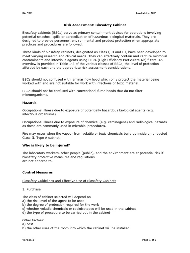 Biosafety Cabinet Risk Assessment | PDF | Safety