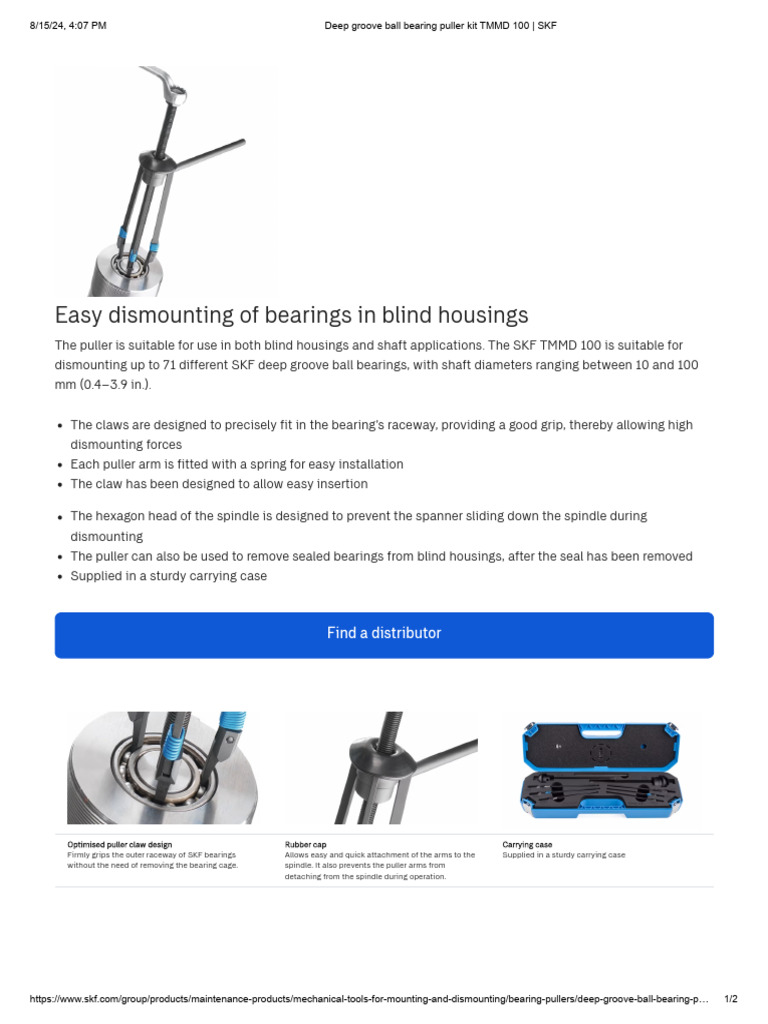 Deep Groove Ball Bearing Puller Kit TMMD 100 - SKF | PDF