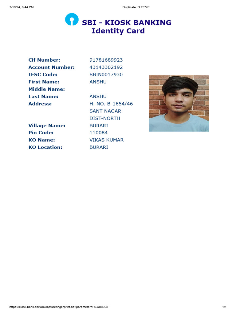 Sbi - Kiosk Banking Identity Card: Cif Number: Account Number: IFSC ...