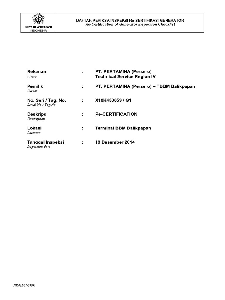 Client Owner Serial No / Tag - No Description Location Inspection Date ...