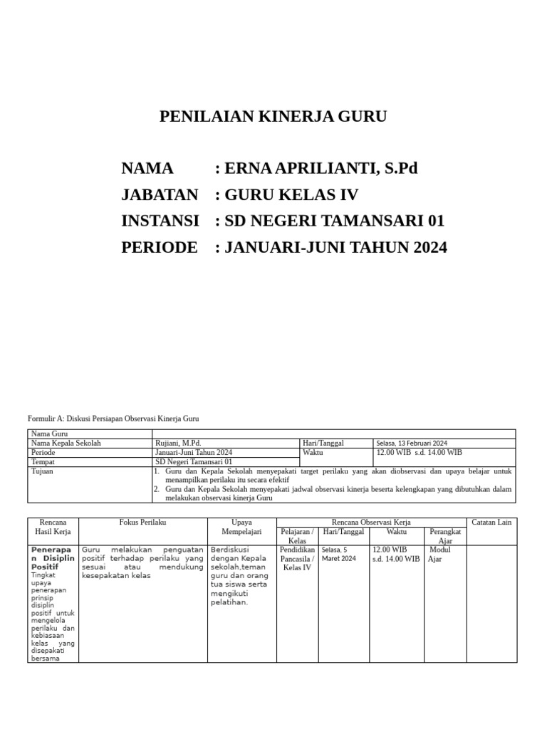 Guru Form ABCD Instrumen Observasi ERNA APRILIANTI Tamansari 01 | PDF