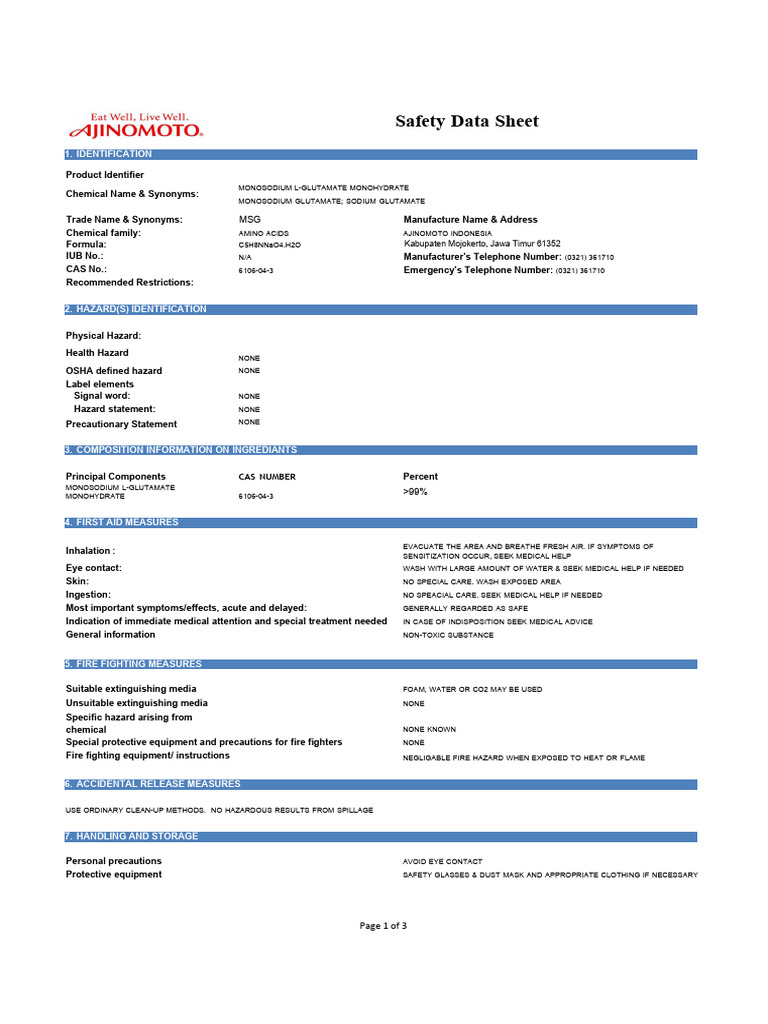 Ajinomoto Indonesia MSG - SDS | PDF