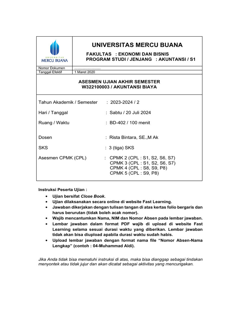 Soal UAS OBE - Genap 2023-2024 - Akuntansi Biaya - Sabtu - Rista Bintara | PDF
