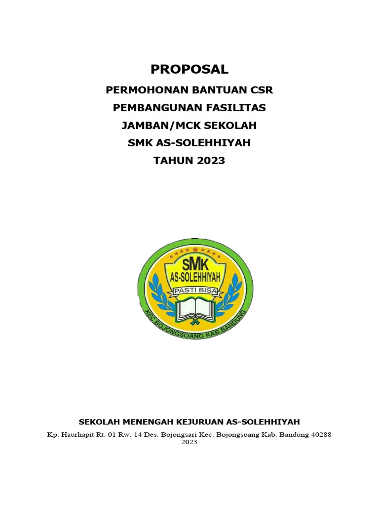 Proposal Pengajuan CSR Bank BJB Untuk MCK SMK As-Solehhiyah | PDF