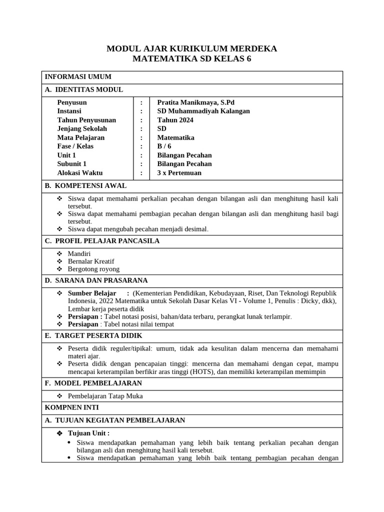 Modul Ajar Kelas 6 Bab 1 - Pratita | PDF