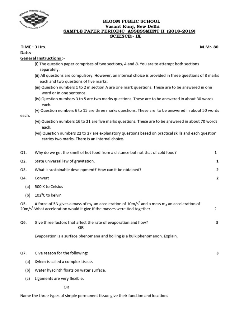 9th Science Half Yearly Exam 2018 – 2019 Sample Paper Prince Public ...