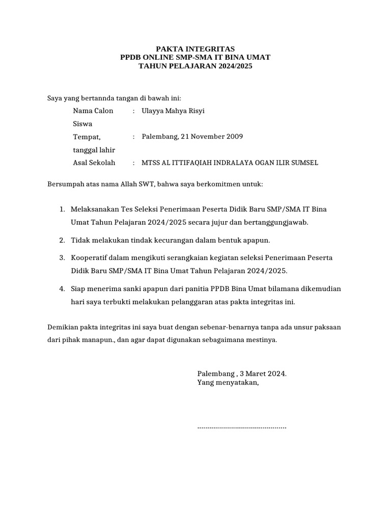 Pakta Integritas PPDB 2024 2025 | PDF