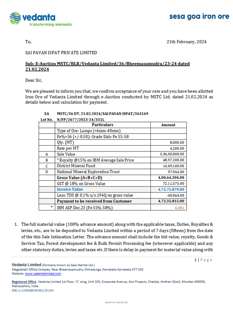 SaiPavan Sale Intimation Letter MSTC-36 Dt.21.02.24 Lot-331L | PDF