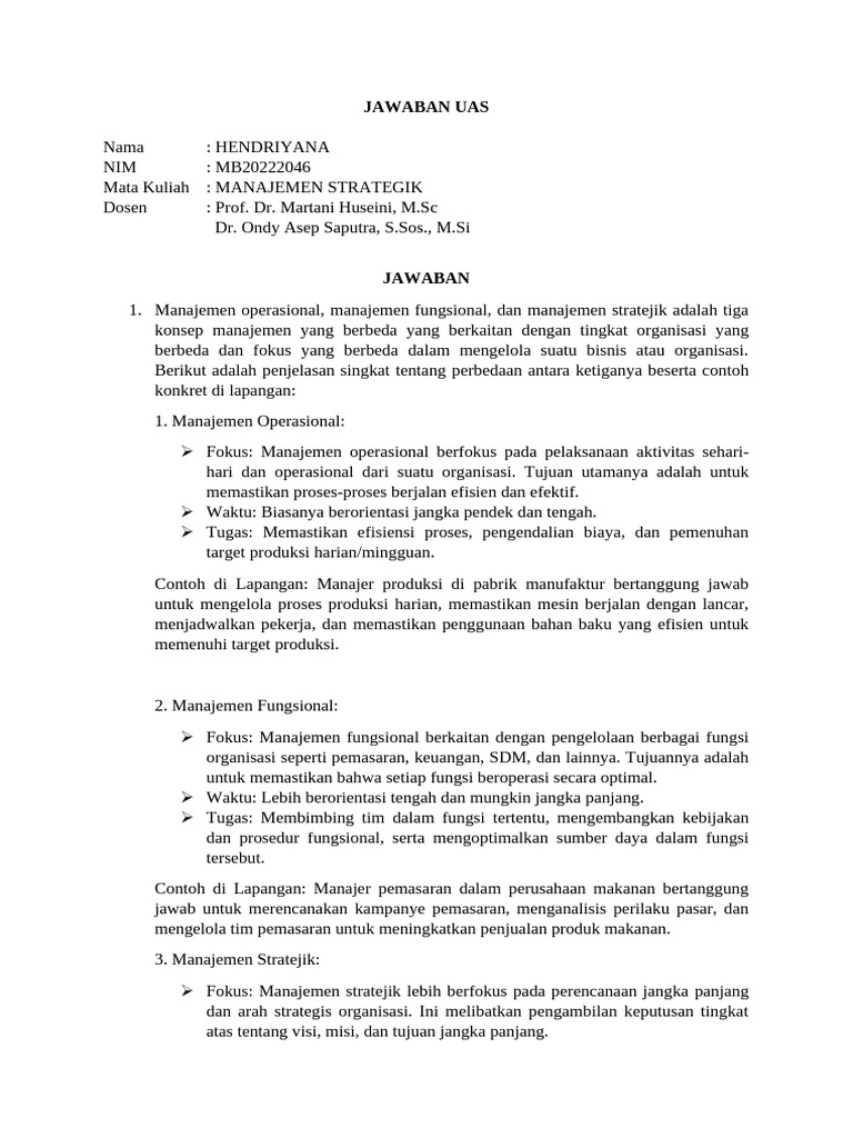 Jawaban Uas Manajemen Strategik - Hendriyana | PDF
