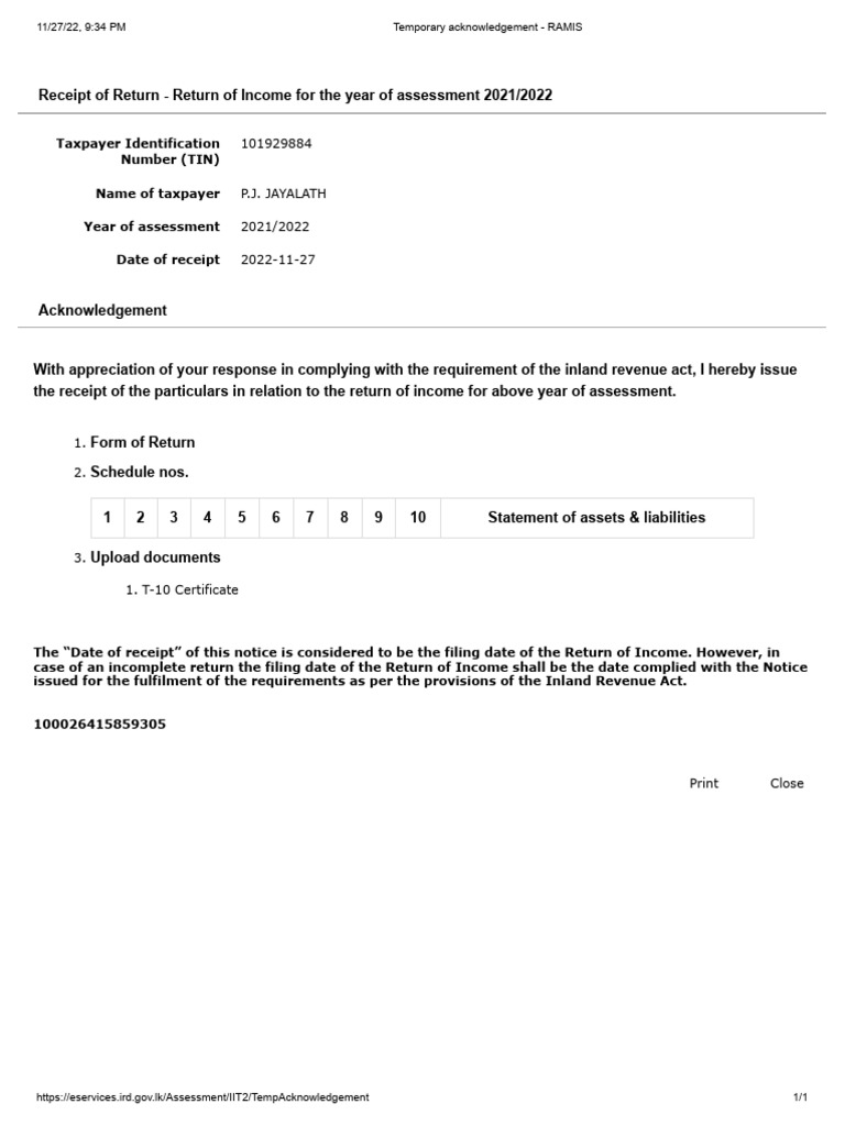 Temporary Acknowledgement - RAMIS | PDF