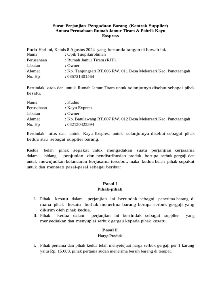 Contoh Surat Perjanjian Pengadaan Barang Kontrak Supplier | PDF | Ilmu Sosial | Hukum