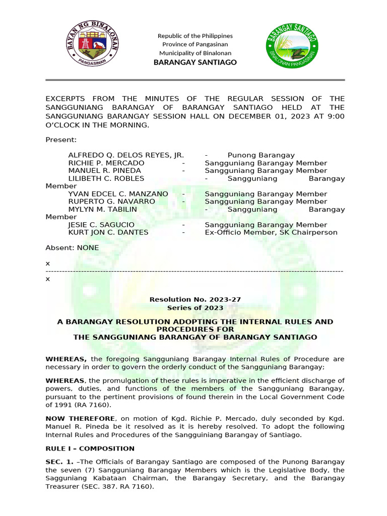 Internal Rule of Procedure of The Sangguniang Barangay | PDF