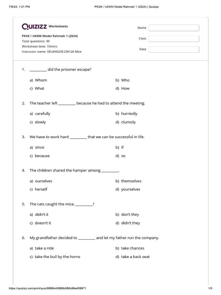 PKSK Quiz Sample Questions 2024 | PDF