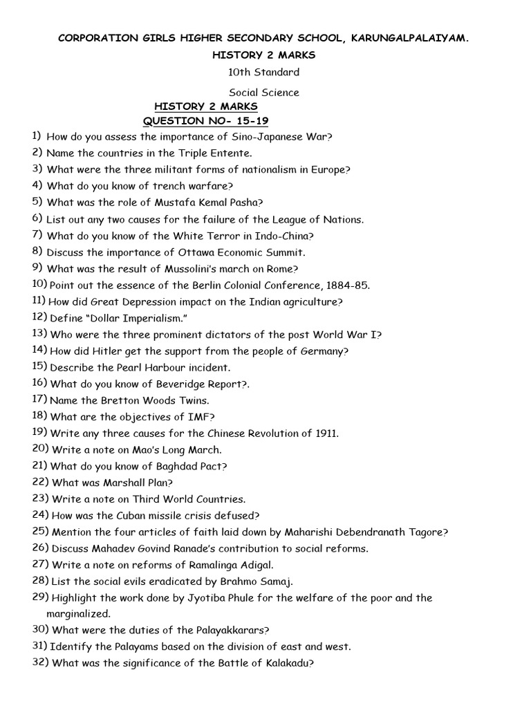 10th Social Science History 2 Marks Question Paper 2022 2023 English ...