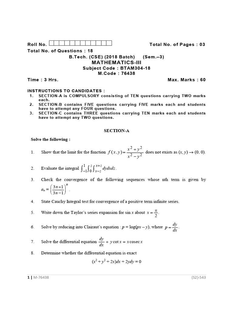 Btech Cse 3 Sem Mathematics 3 76438 Jan 2021 | PDF