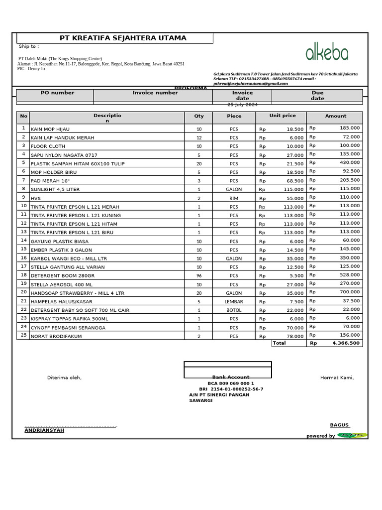 Proforma Inv PT Kreatifa Sejahtera Utama | PDF