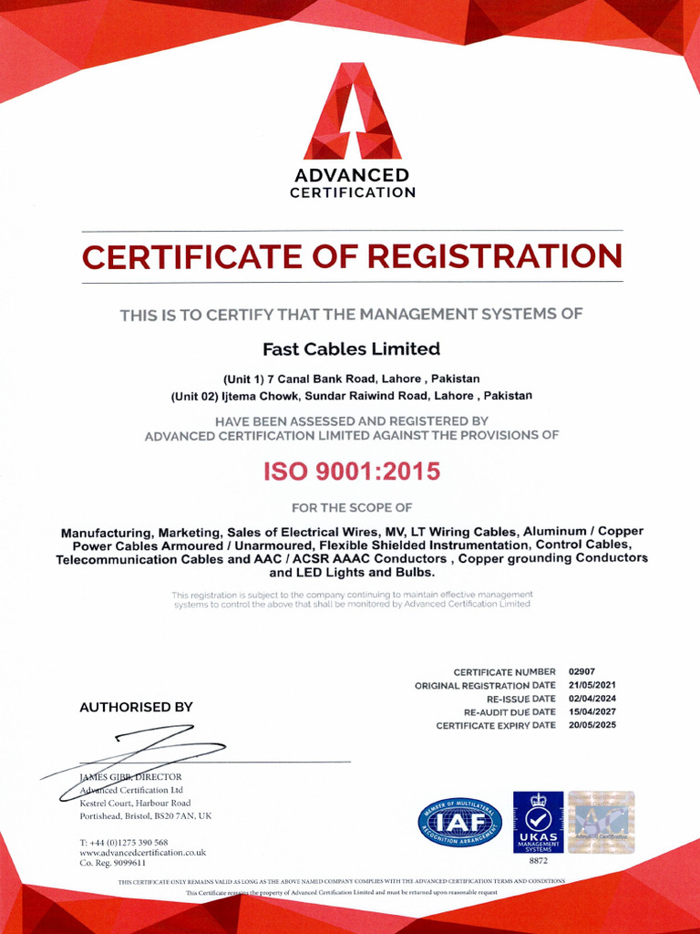 Fast Cables Limited - IsO 9001 Certificate | PDF