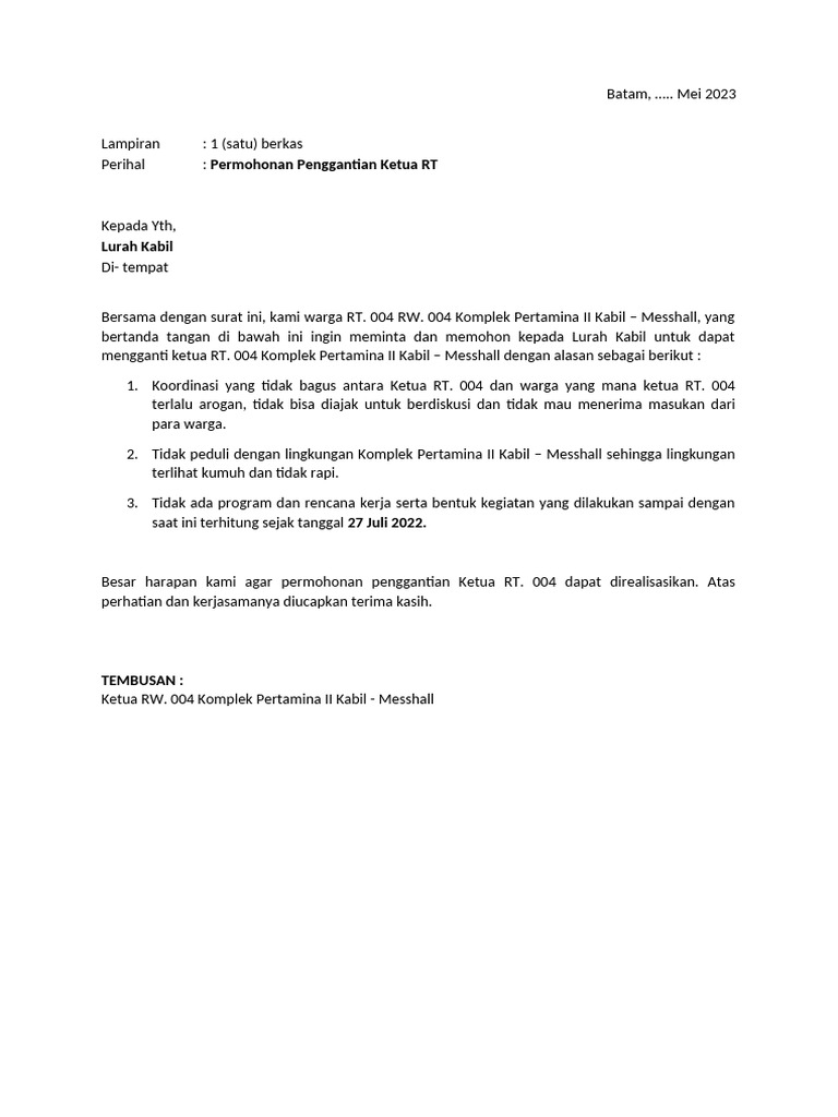 Surat Permohonan Penggantian RT 004 | PDF